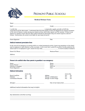 Fillable Online piedmontschools Medical Release Form - Piedmont Public Schools Fax Email Print ...