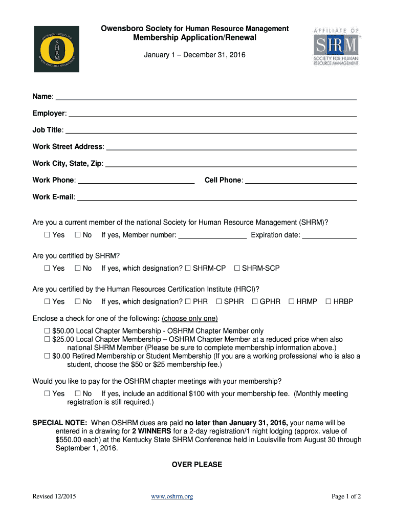 Fillable Online oshrm OSHRM Membership application - Owensboro SHRM Fax Email Print - pdfFiller