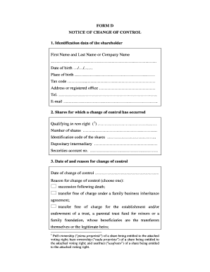 Fillable Online FORM D NOTICE OF CHANGE OF CONTROL 1 Identification ...