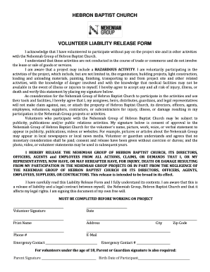 Fillable Online hebronchurch HEBRON BAPTIST CHURCH VOLUNTEER LIABILITY ...