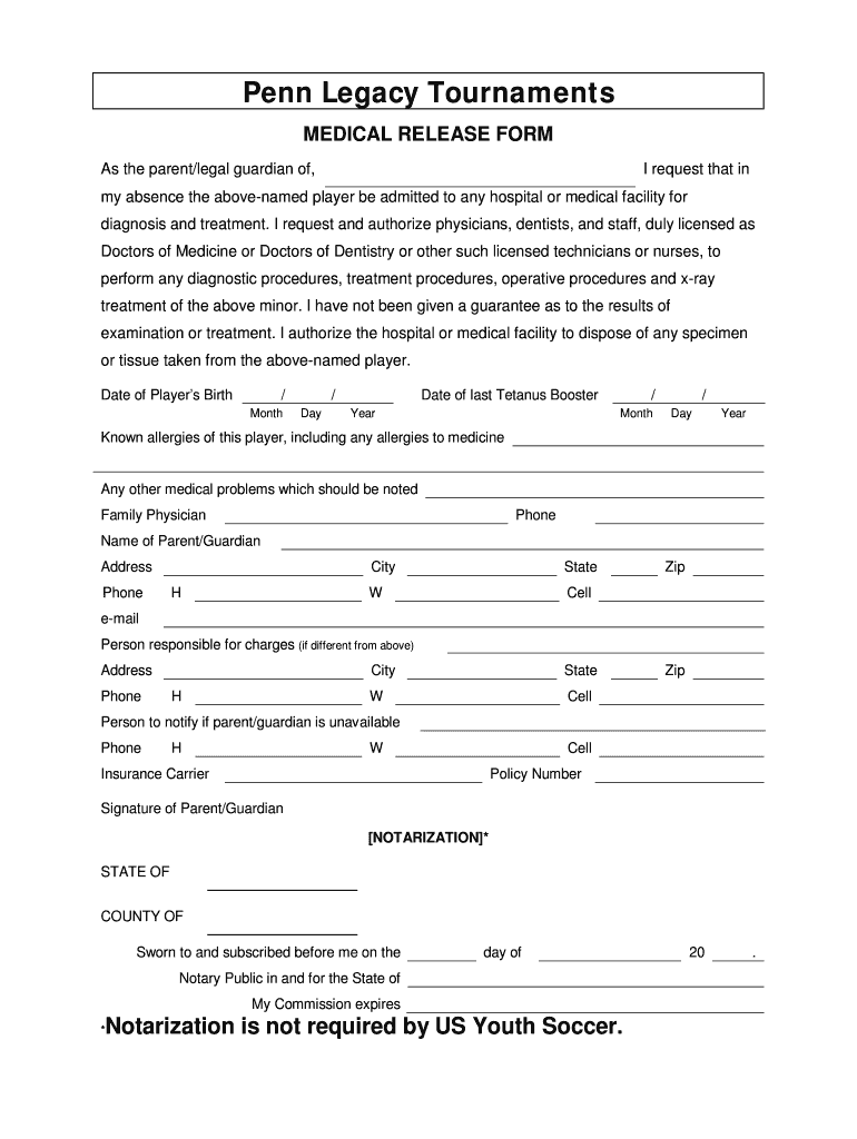 Penn Legacy Tournaments Medical Release Form - Blank Fillable Template ...