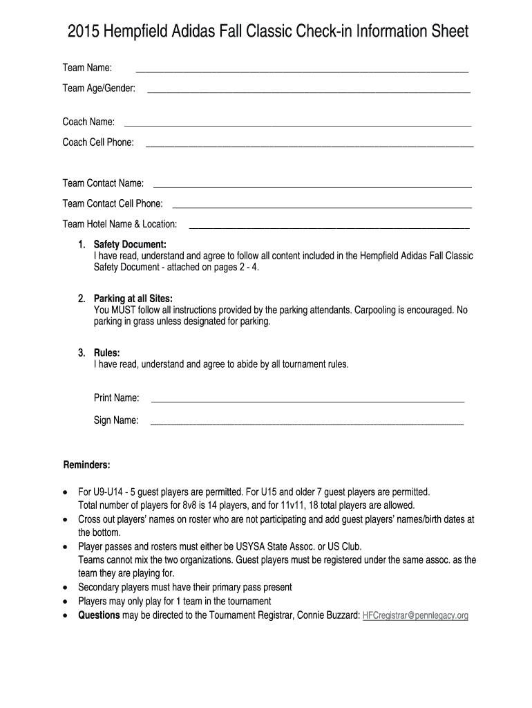 Fillable Online 2015 Hempfield Adidas Fall Classic Check in Information ...