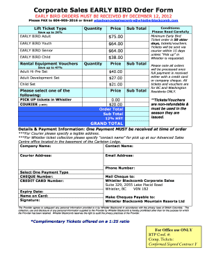 Fillable Online Corporate Sales EARLY BIRD Order Form - Intrawest Fax ...