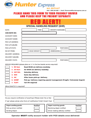 Fillable Online Hunter Express Red Alert Special Handling Request Fax ...