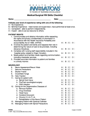 Fillable Online Medical/Surgical RN Skills Checklist - Health Care ...
