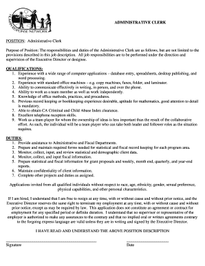 Fillable Online ADMINISTRATIVE CLERK POSITION: Administrative Clerk ...