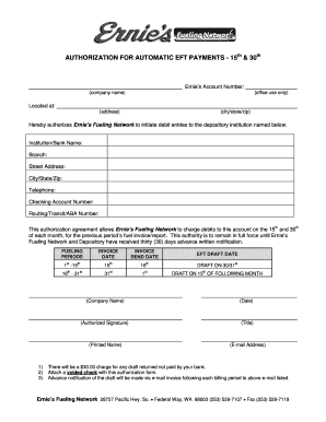 Fillable Online AUTHORIZATION FOR AUTOMATIC EFT PAYMENTS 15th & Fax ...