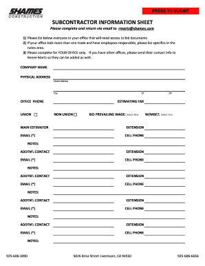 Fillable Online Subcontractor information sheet - Shames Construction ...