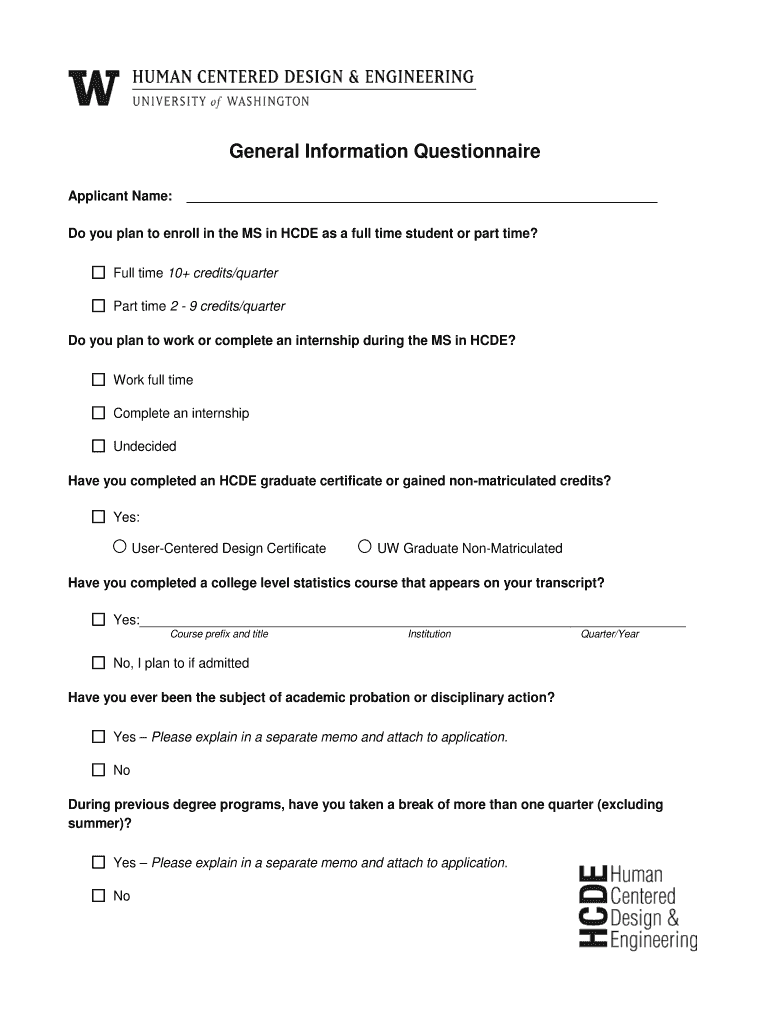 Fillable Online hcde washington General Information Questionnaire ...