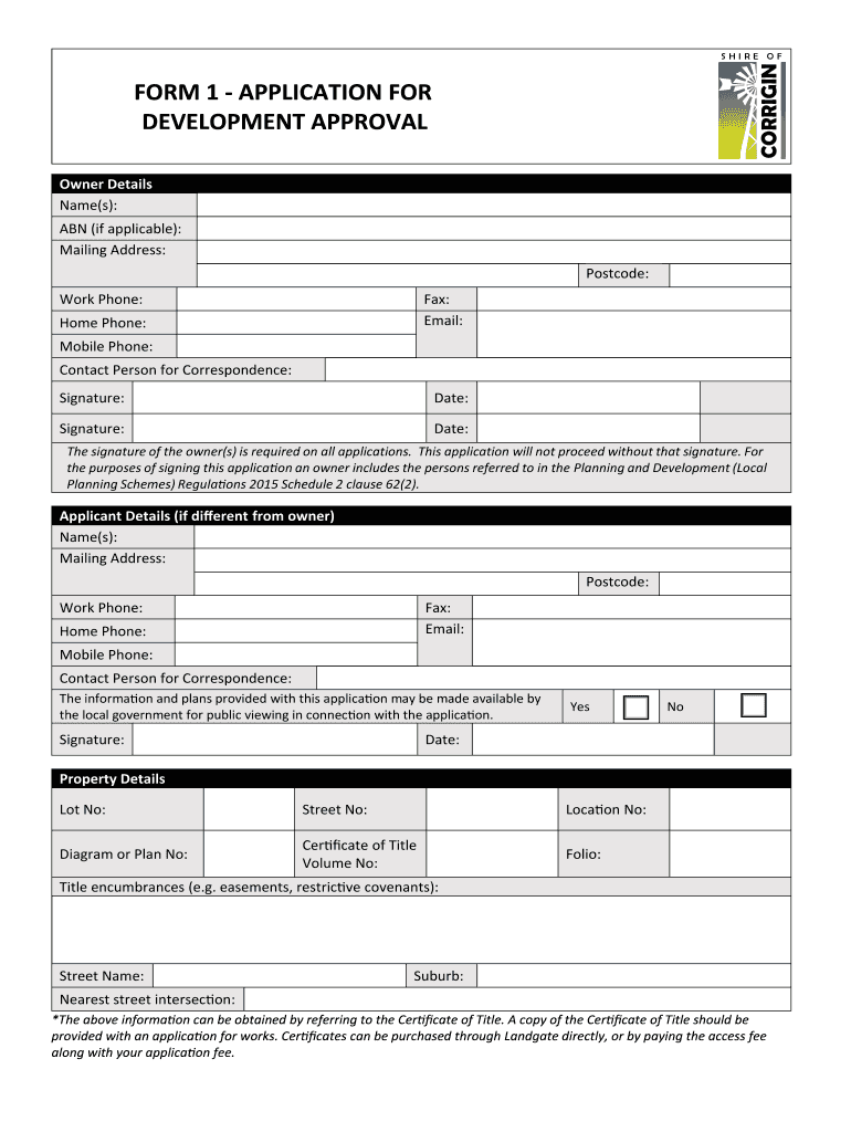 Fillable Online FORM 1 - APPLICATION FOR DEVELOPMENT APPROVAL Fax Email ...