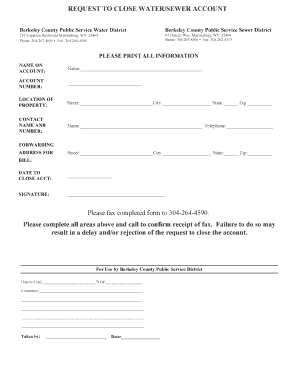 Fillable Online berkeleywater Request to Close Water/Sewer Account ...