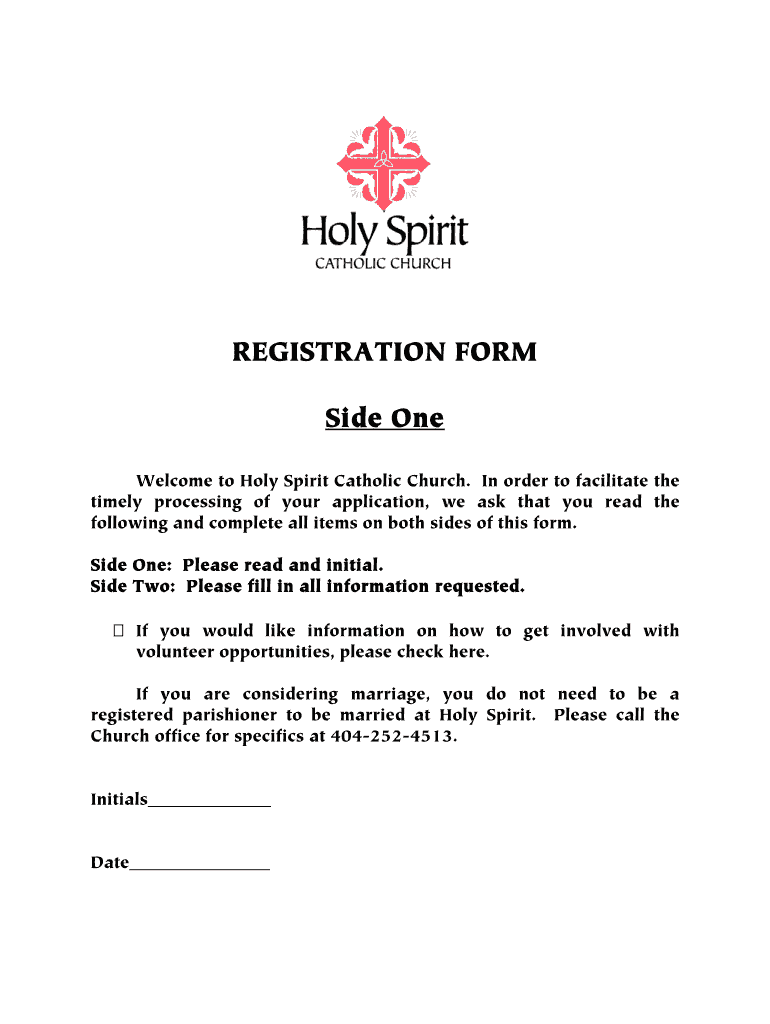 Fillable Online REGISTRATION FORM Side One - Holy Spirit Catholic ...