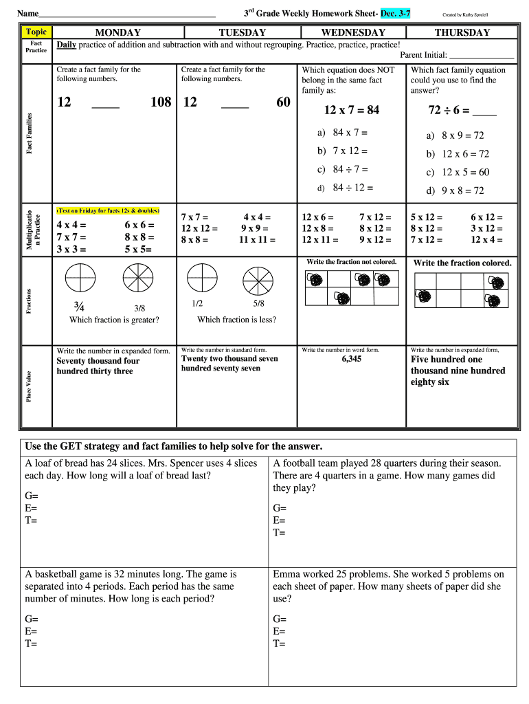 Fillable Online 3rd Grade Weekly Homework Sheet- Dec Fax Email Print ...