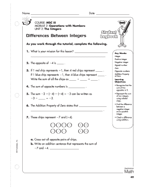 Fillable Online Differences Between Integers - Houghton Mifflin ...