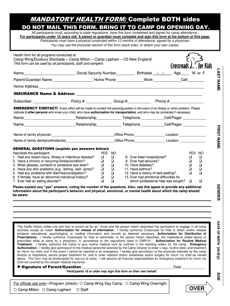 Fillable Online Health form for all programs conducted at Camp ...