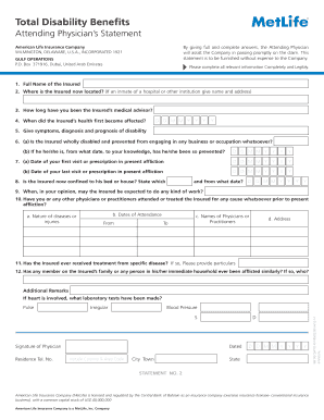 Fillable Online metlife Permanent Total Disability Physicians Statement ...