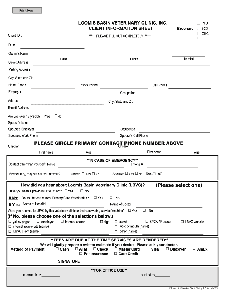Loomis Basin Veterinary Clinic Client Information Sheet 2012-2022 ...
