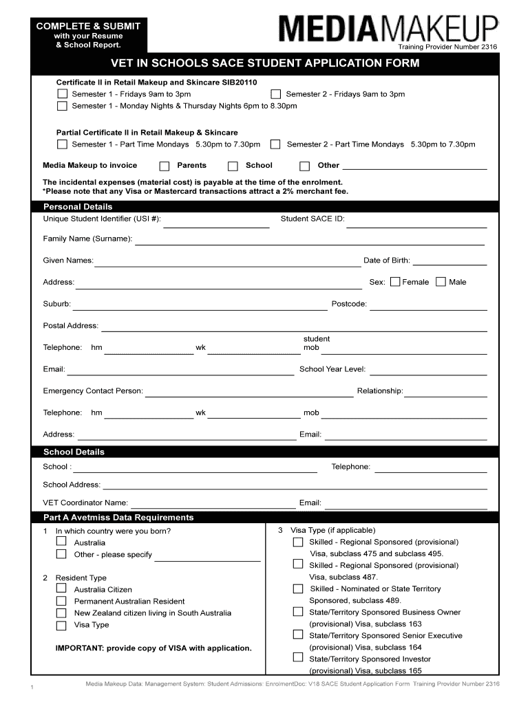 Fillable Online VET IN SCHOOLS SACE STUDENT APPLICATION FORM - Media ...