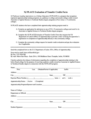Fillable Online NJ PLACE Evaluation of Transfer Credits Form Fax Email ...