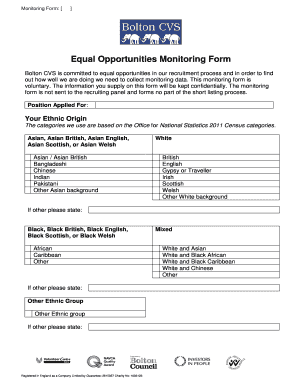 Fillable Online boltoncvs org Equal Opportunities Monitoring Form ...