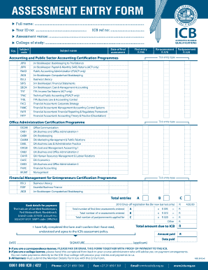 Fillable Online ASSESSMENT ENTRY FORM - bIBTCb Home Fax Email Print ...