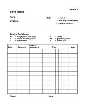 Fillable Online EXAMPLE DATA SHEET Name Code: + correct Objective with ...