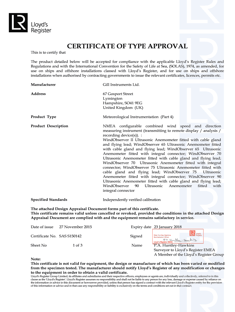 Fillable Online CERTIFICATE OF TYPE APPROVAL - Gill Instruments Fax ...