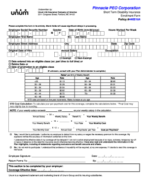 Fillable Online Unum Disability Enrollment Form - Pinnacle PEO ...
