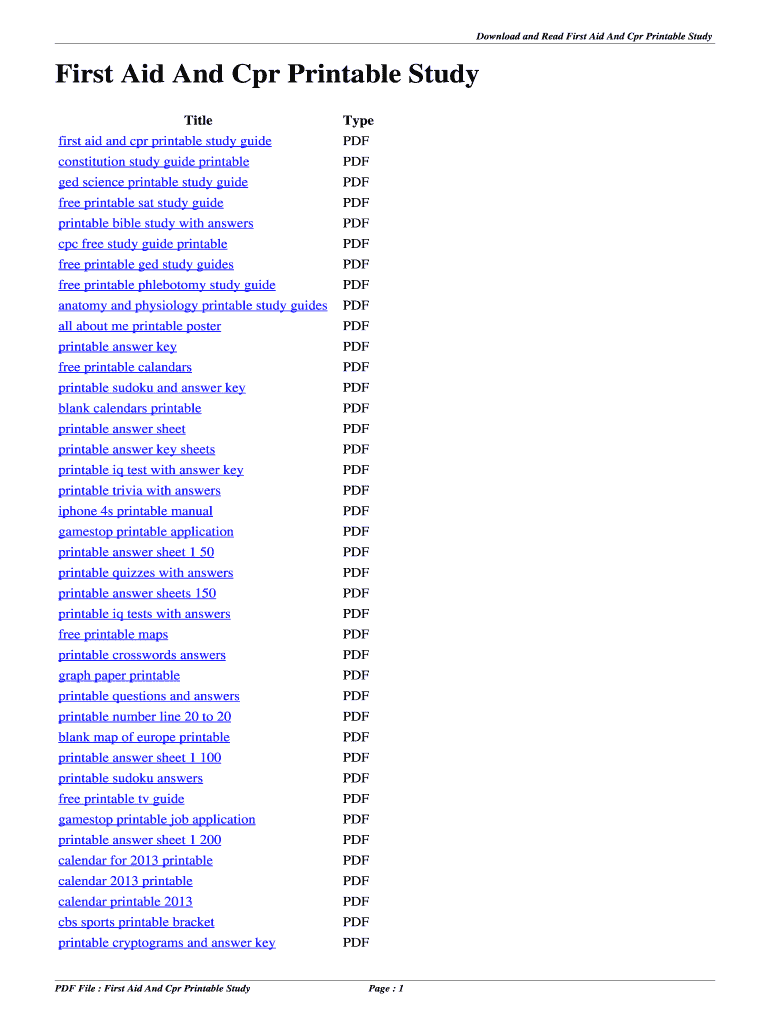 Fillable Online First Aid And Cpr Printable Study first aid and cpr ...