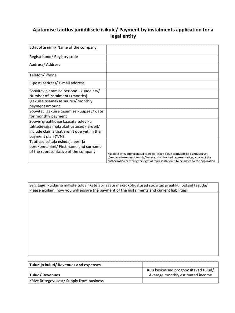 Fillable Online emta Ajatamise taotlus juriidilisele isikule bPaymentb by instalments bb Fax ...