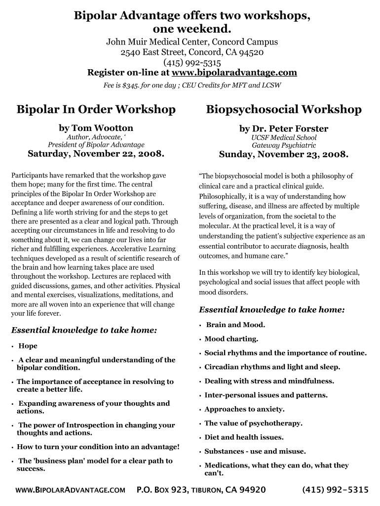 Fillable Online Bipolar In Order Workshop Biopsychosocial ... - NAMI Sacramento Fax Email Print ...