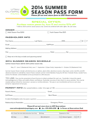 Fillable Online 2014 SUMMER SEASON PASS FORM - Utah Olympic Park Fax ...