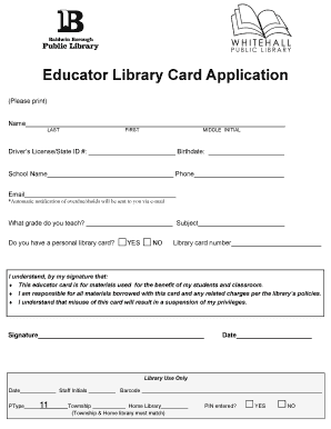 Fillable Online Educator Library Card Application Fax Email Print - pdfFiller