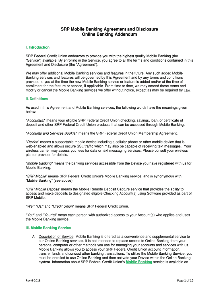 Fillable Online SRP Mobile Banking Agreement and Disclosure Fax Email ...