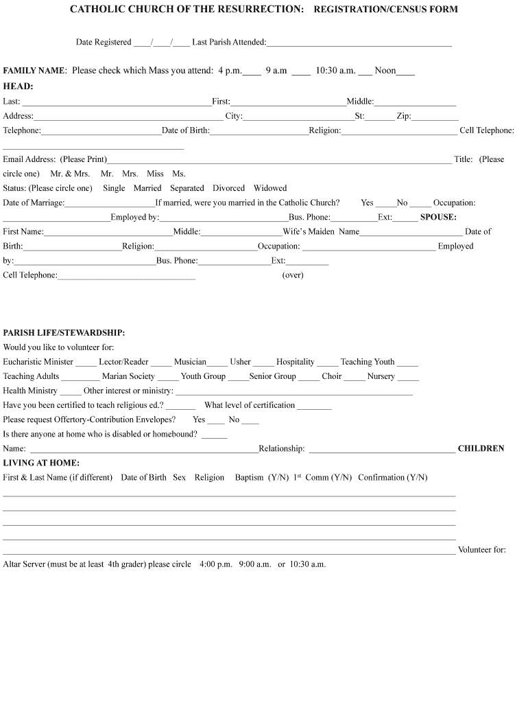 Fillable Online Parishioner registration bformb - Resurrection Catholic Church Fax Email Print ...