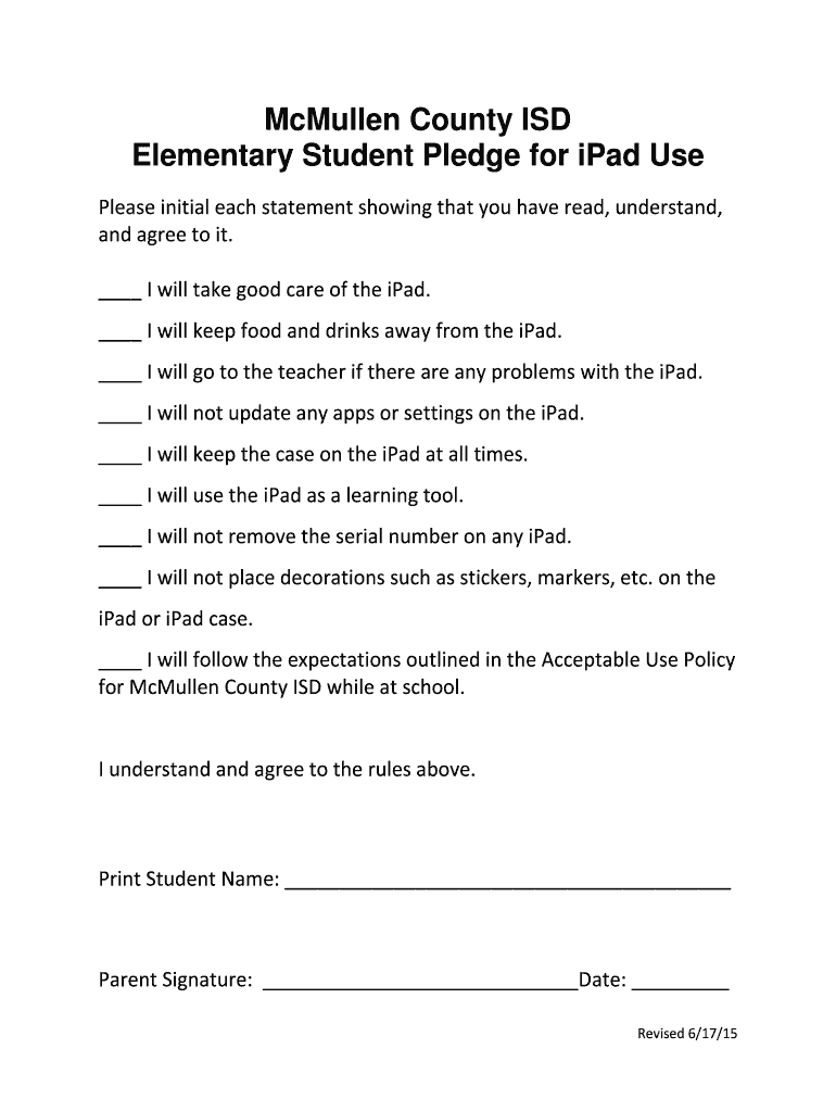 Fillable Online mcisd Elementary Student Pledge Form - McMullen County ...