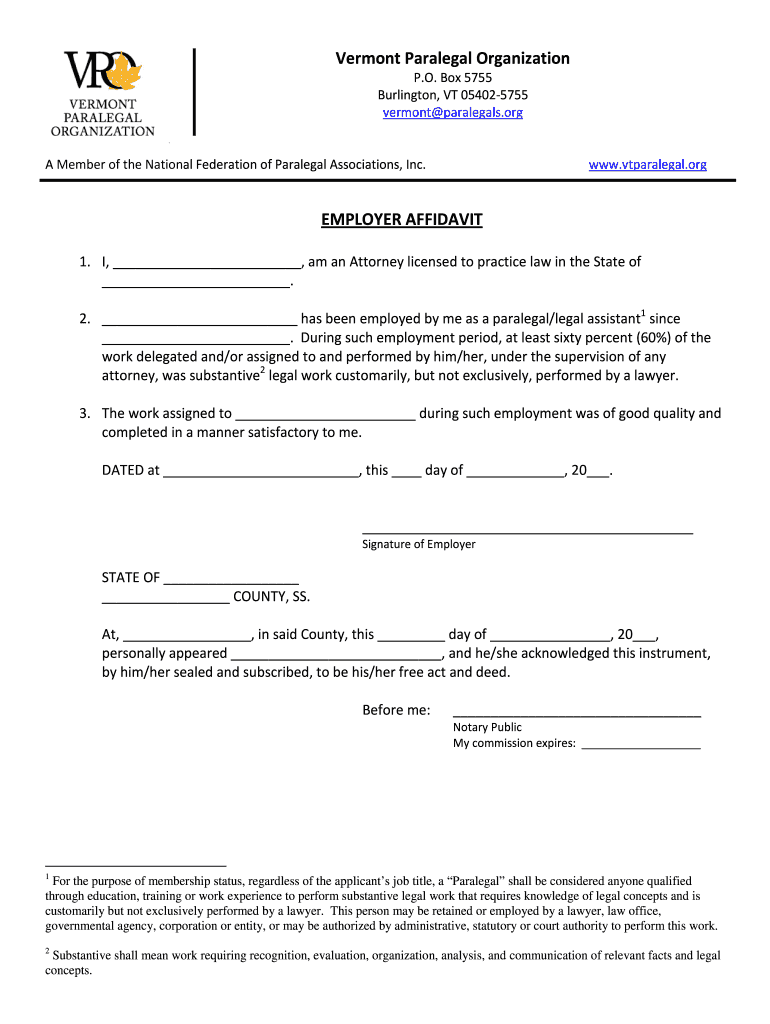 Fillable Online vtparalegal 2014 Employer Affidavit - Vermont Paralegal Organization ...