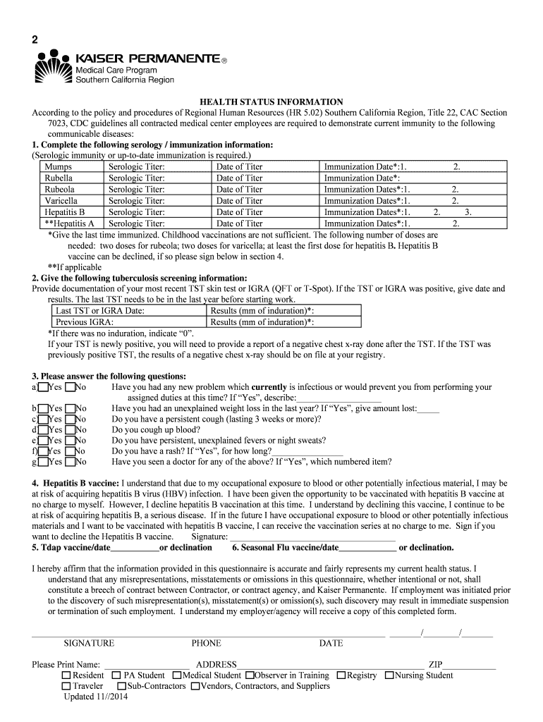 Fillable Online residency-scal-kaiserpermanente HEALTH STATUS ...