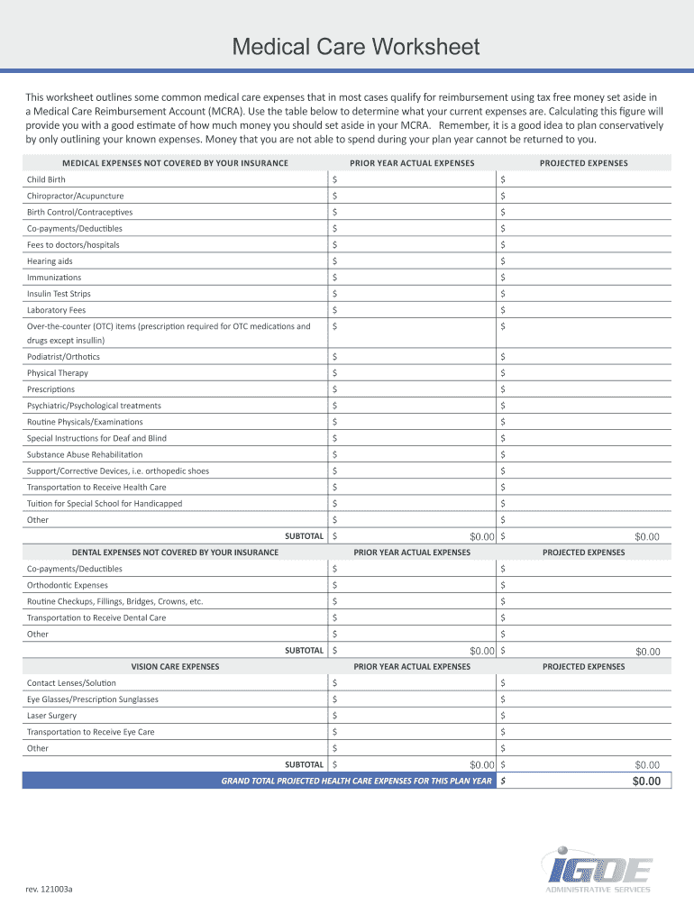 Fillable Online Medical Care Worksheet - Igoe Administrative Services ...