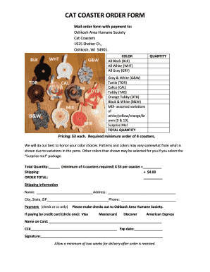 Fillable Online oahs CAT COASTER ORDER FORM - Oshkosh Area Humane ...
