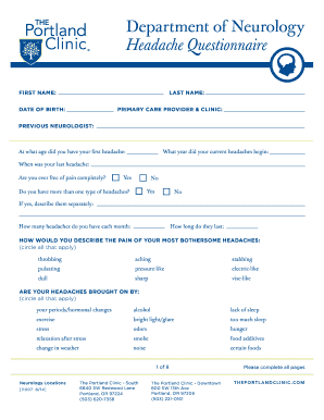 Fillable Online Department of Neurology Headache Questionnaire Fax ...