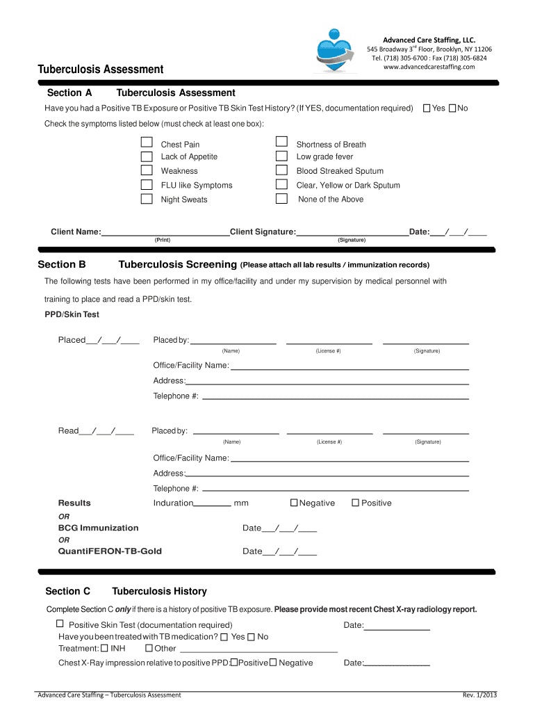 Fillable Online Tuberculosis Assessment www badvancedcarestaffingb Fax ...