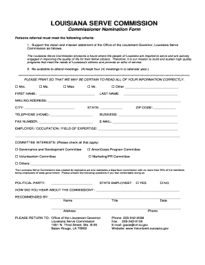 Fillable Online volunteerlouisiana Commissioner Nomination Form 2012 ...