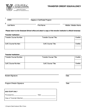 Fillable Online gradschool cofc Transfer Credit Equivalency Form ...
