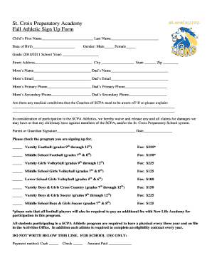 Fillable Online SCPA Fall Athletics Sign Up - St. Croix Preparatory ...