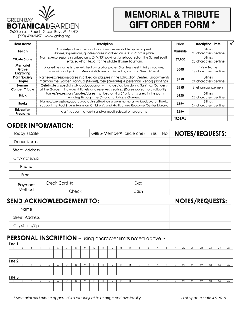 Fillable Online gbbg MEMORIAL TRIBUTE GIFT ORDER FORM - gbbgorg Fax ...