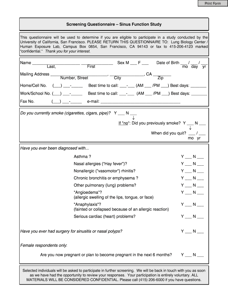 Fillable Online coeh berkeley Screening Questionnaire Sinus Function ...