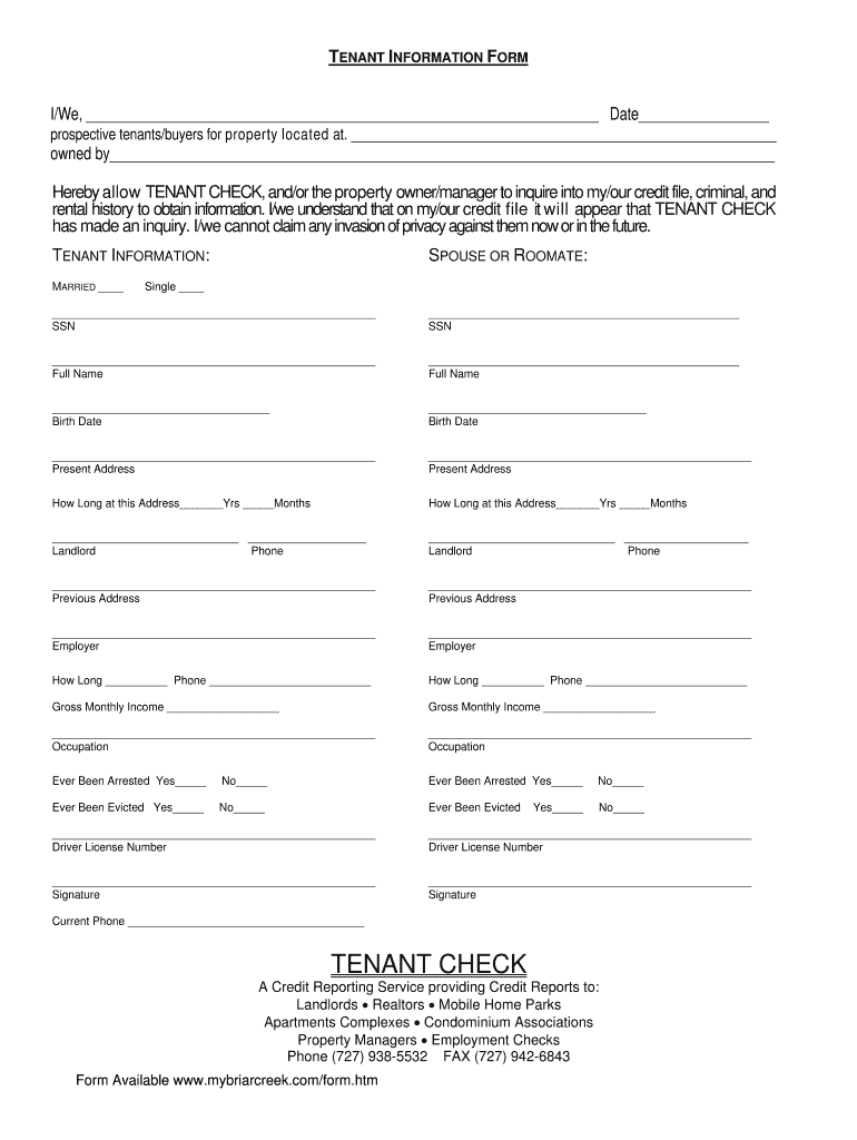 Fillable Online TENANT INFORMATION FORM - Briar Creek 1 Fax Email Print ...