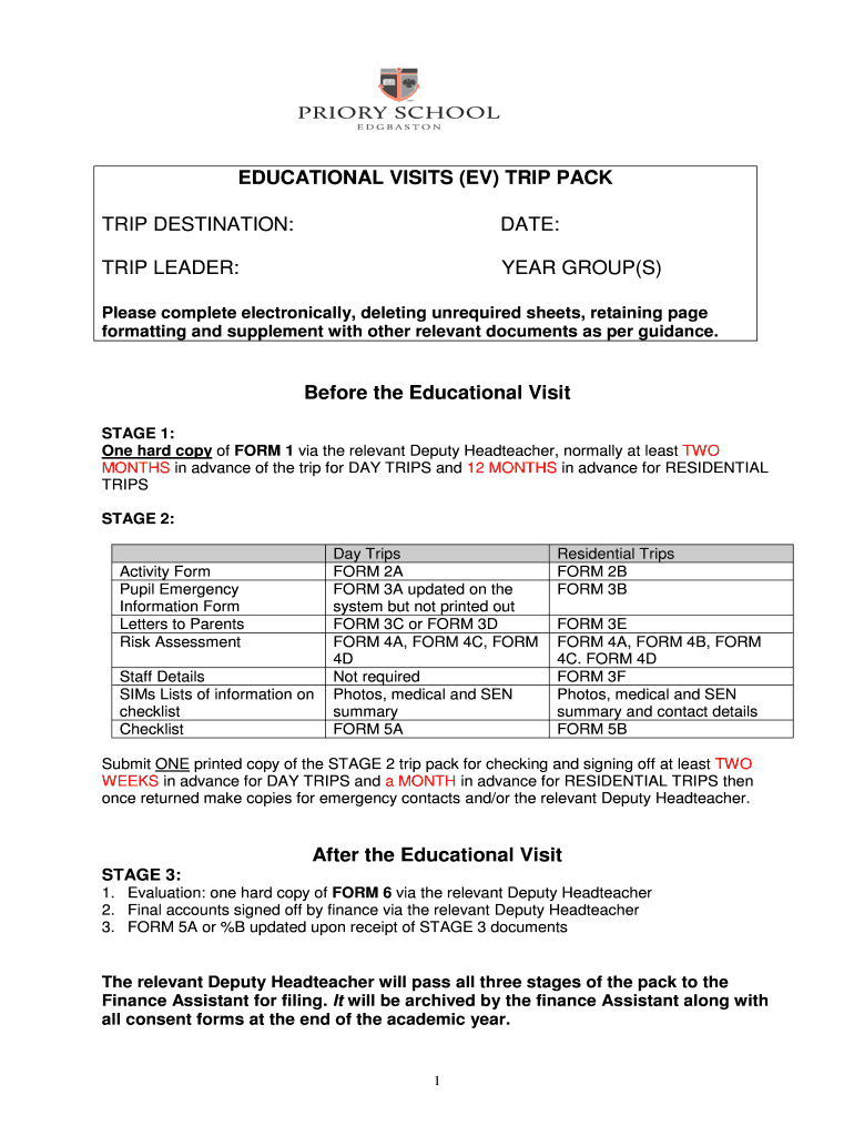 Fillable Online Whole School Educational Visits Policy TRIP PACK ...