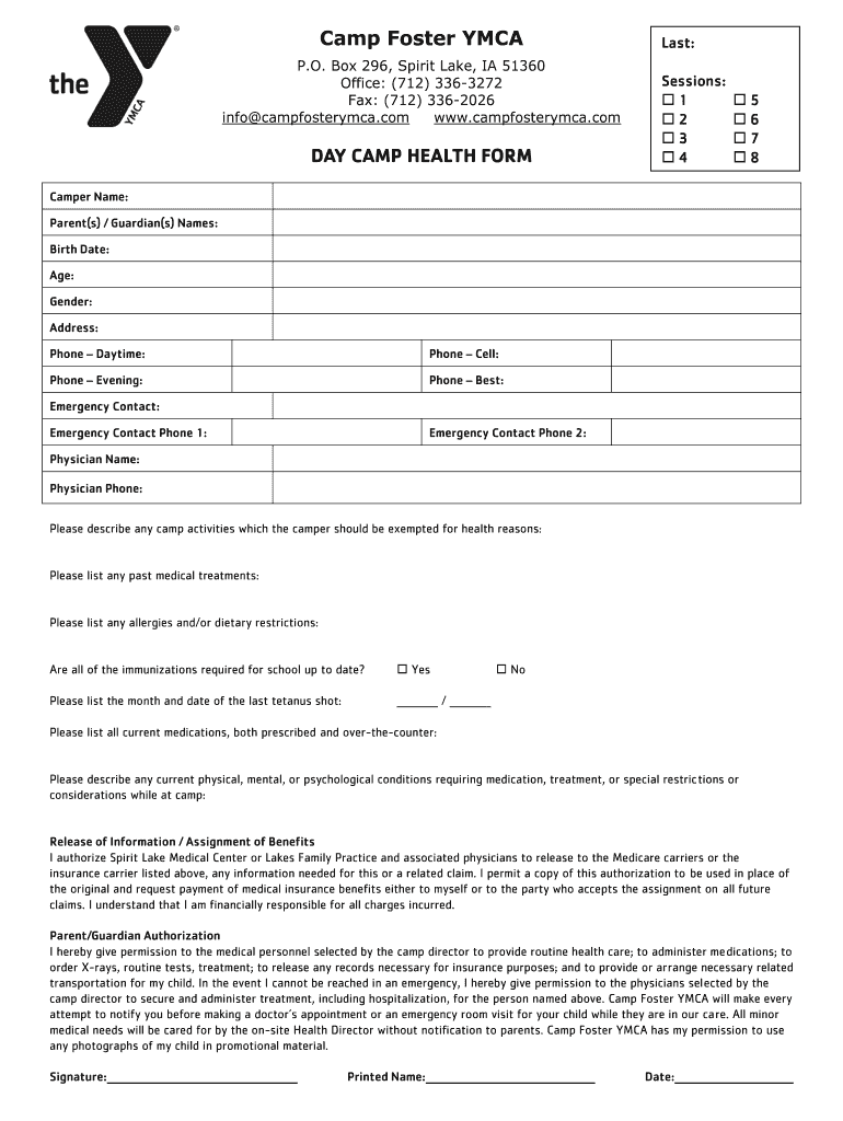 Fillable Online Camp Foster YMCA DAY CAMP HEALTH FORM Fax Email Print ...